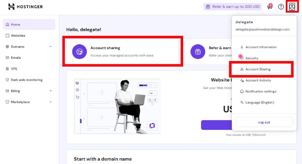 Adding Delegate Access to Your Hostinger Account • Austin Web & Design